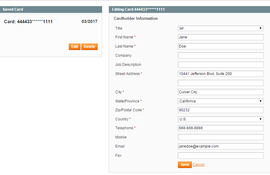 How to edit a customer's saved card in Magento