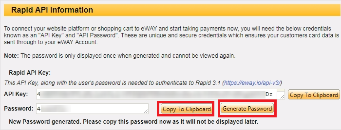 How do I set up my Live eWAY API Key and Password?